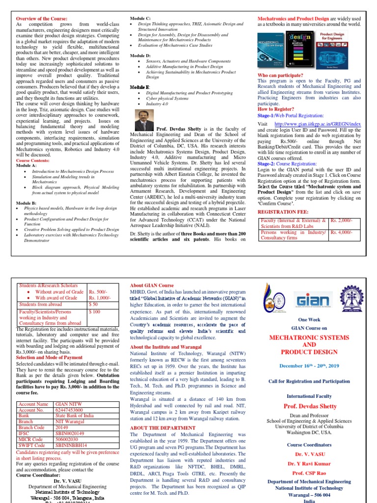 BR1553058767NITW Mechatronics GIAN VASU MED Brochure PDF | PDF | Mechatronics | Design