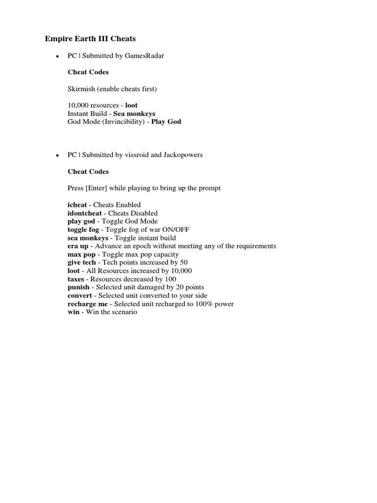 Empire Earth III Cheat Codes Guide | PDF