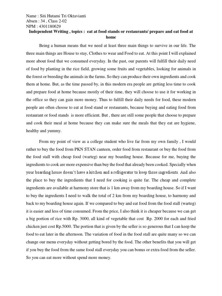 Independent Writing, Topics: Eat at Food Stands or Restaurants/ Prepare ...