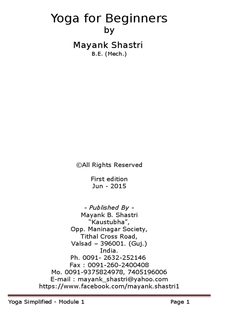 Yoga For Beginners: by Mayank Shastri | PDF | Asana | Abdomen