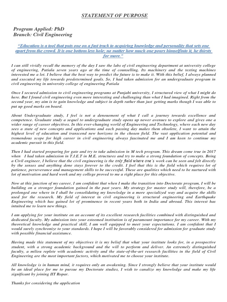 Statement of Purpose for Civil Engineering SOP Iit | Graduate School ...