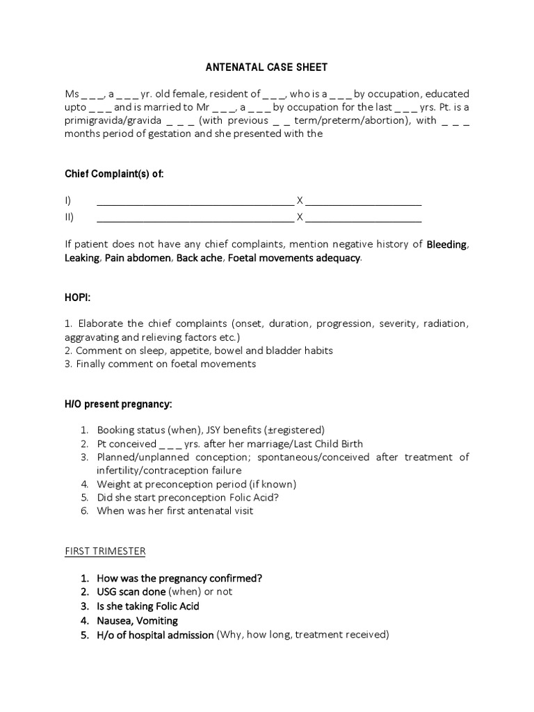 Antenatal Case Sheet | PDF | Obstetrics | Pregnancy