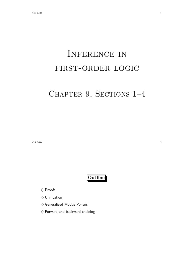 Inference in First-Order Logic: Chapter 9, Sections 1-4 | PDF ...