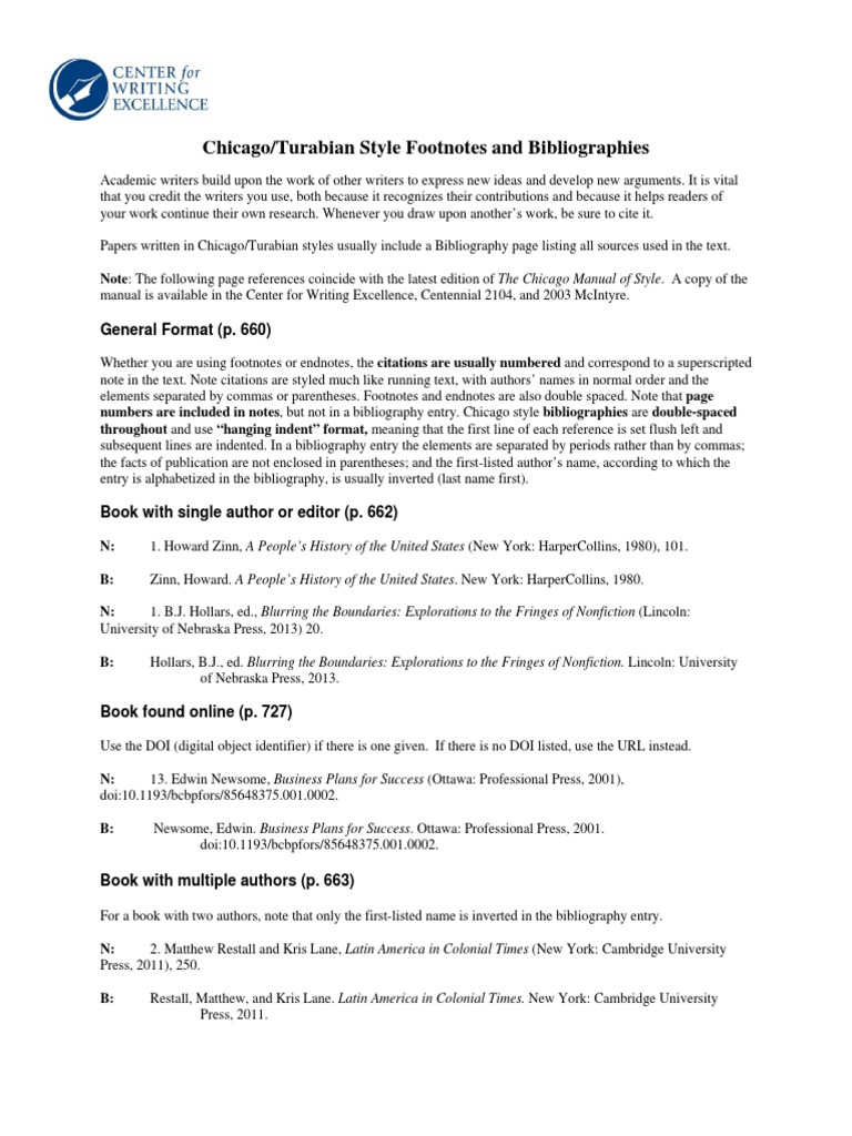 Chicago/Turabian Style Footnotes and Bibliographies: General Format (P ...