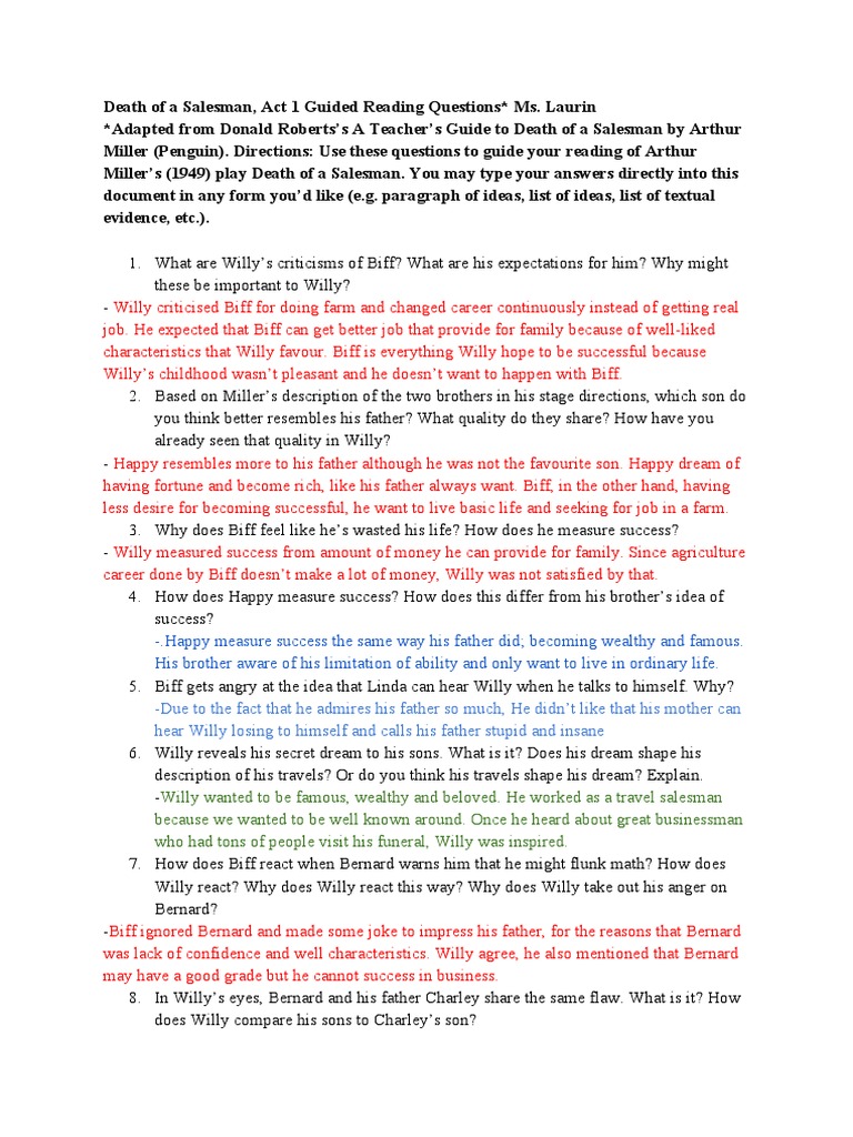 Guided Questions for Death of a Salesman Act 1 | PDF | Social Science