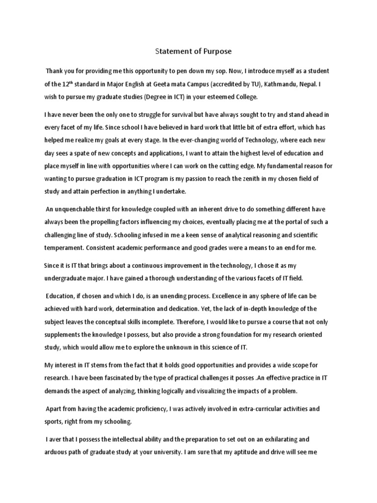 Statement of Purpose for ICT Graduate Program | PDF | Graduate School ...