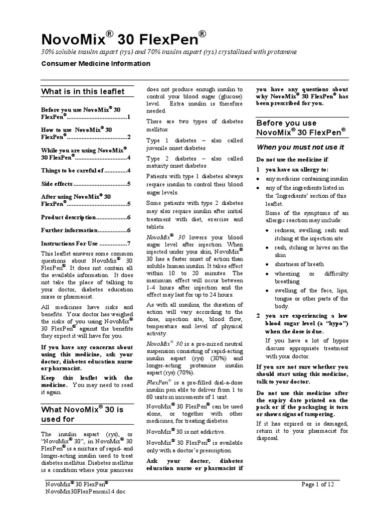 Novo Mix 30 Flex Pen | PDF | Diabetes Mellitus Type 2 | Hyperglycemia