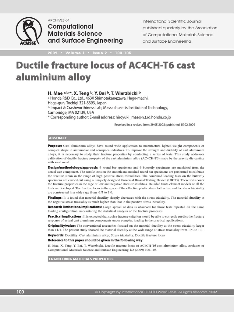 Ductile Fracture Locus of AC4CH-T6 Cast Aluminium Alloy: Computational ...