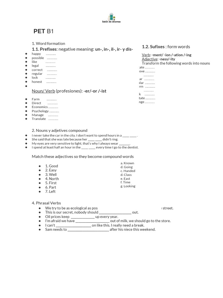 Pet B1: 1.1. Prefixes: Negative Meaning: Un-, In-, Il-, Ir-Y Dis - 1.2 ...