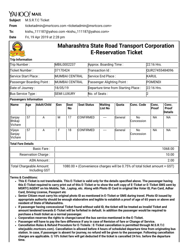 MSRTC E-Ticket Confirmation for Travel from Mumbai to Karjat on May ...