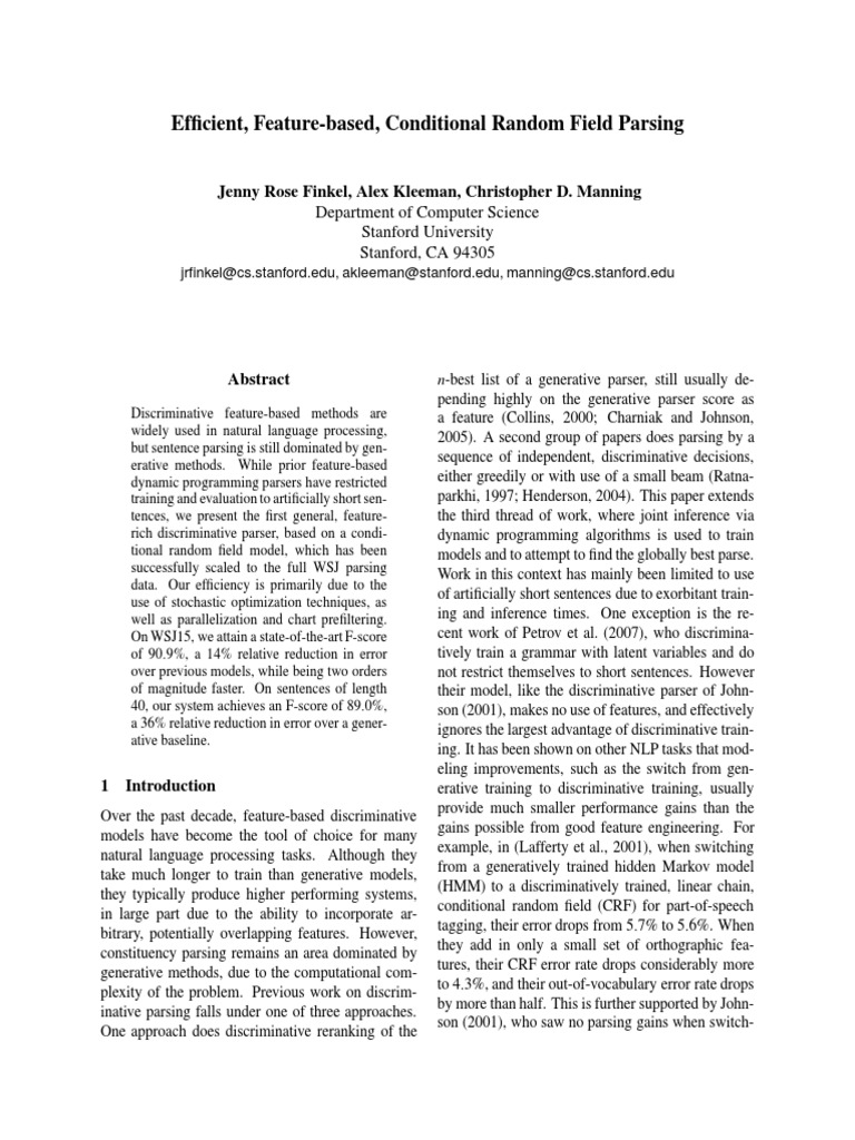 Efficient Feature Based Conditional Random Field Parsing Jenny Rose Finkel Alex Kleeman