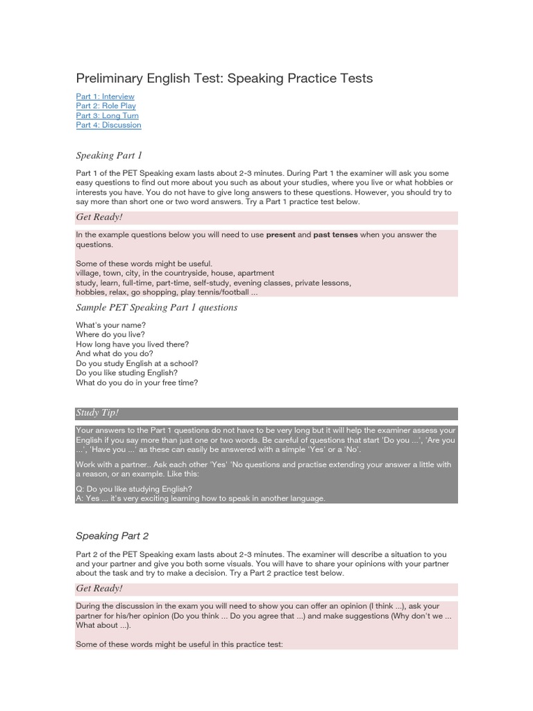 Preliminary English Test - SPEAKING | PDF | Test (Assessment) | Cognition