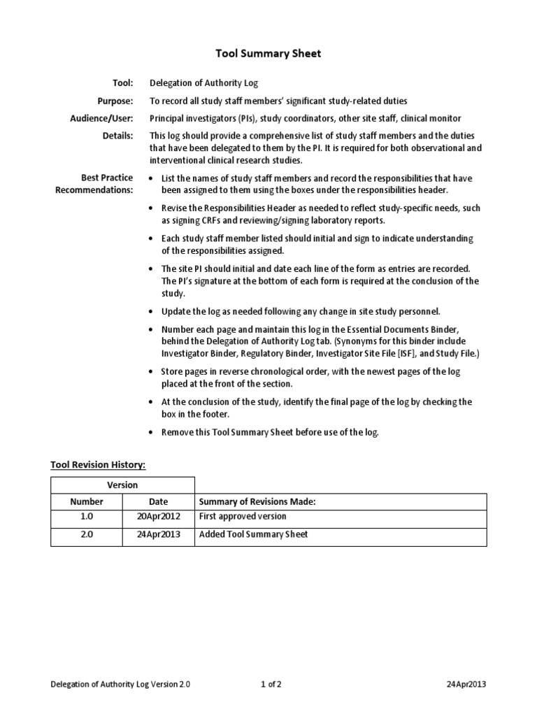 Delegation of Authority Log Template | PDF