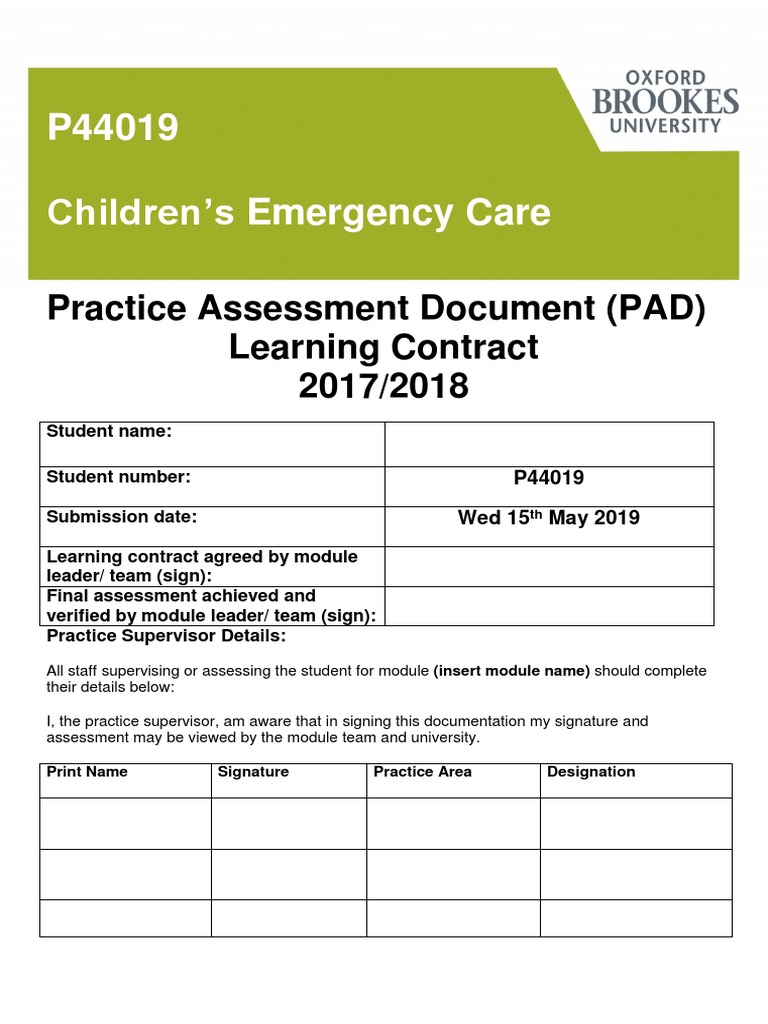 P44019 Children's Emergency Care: Practice Assessment Document (PAD ...