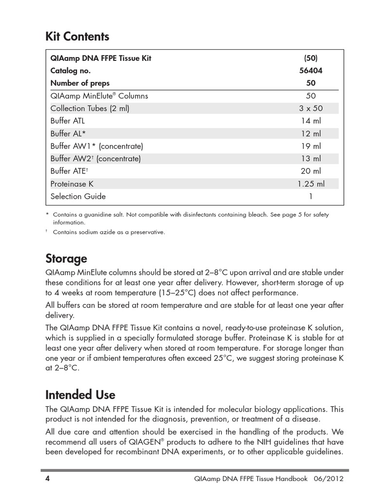 Kit Contents: Qiaamp Dna Ffpe Tissue Kit (50) Catalog No. 56404 Number ...