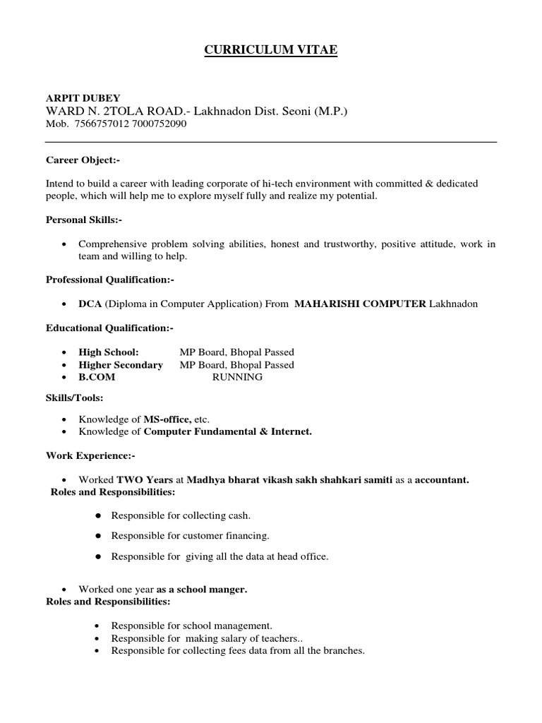 Curriculum Vitae of Arpit Dubey: An Aspiring Professional Seeking to Leverage His Skills and ...