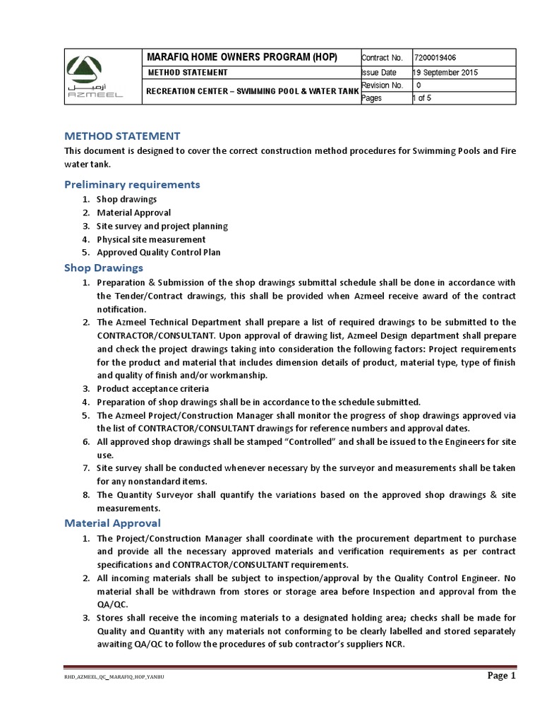 Hop Swimming Pool & Fire Water Tank Method of Statement | PDF ...