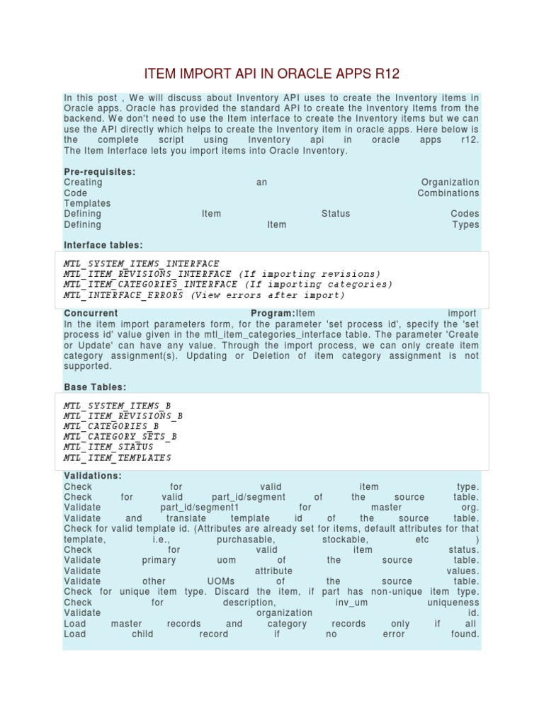 Oracle EBS Item Import API in Oracle Apps r12.2 | PDF | Application Programming Interface ...