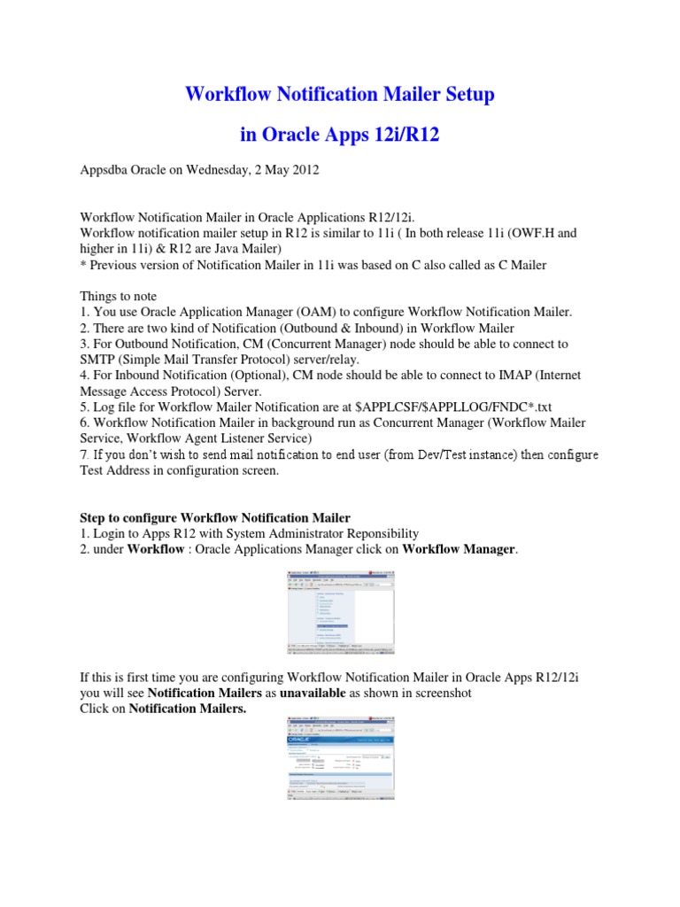 Workflow Notification Mailer Setup In Oracle Ebs 12 2 3 Pdf Oracle Database Communications