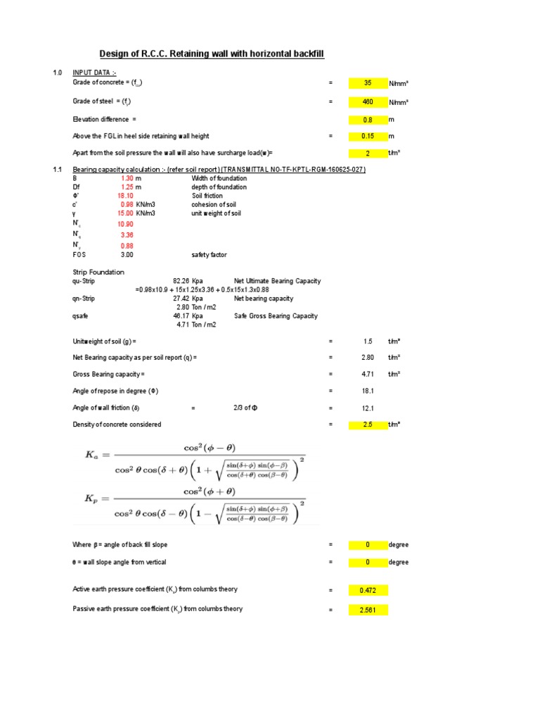 R.C.C. Retaining Wall Design Guide | PDF | Friction | Slope