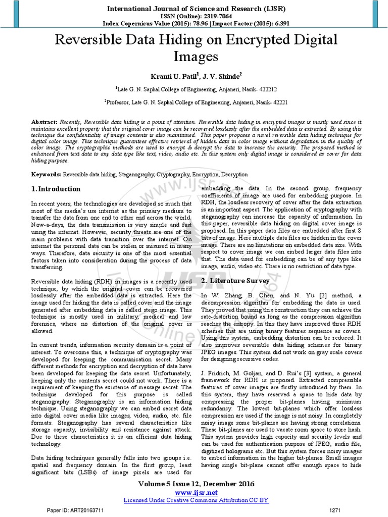 Reversible Data Hiding On Encrypted Digital Images: Kranti U. Patil, J. V. Shinde | PDF | Data ...