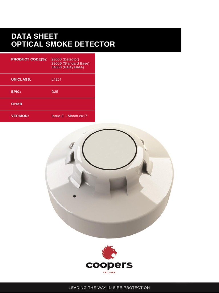 Coopers Datasheet Optical Smoke Detector | PDF | Detector (Radio) | Smoke