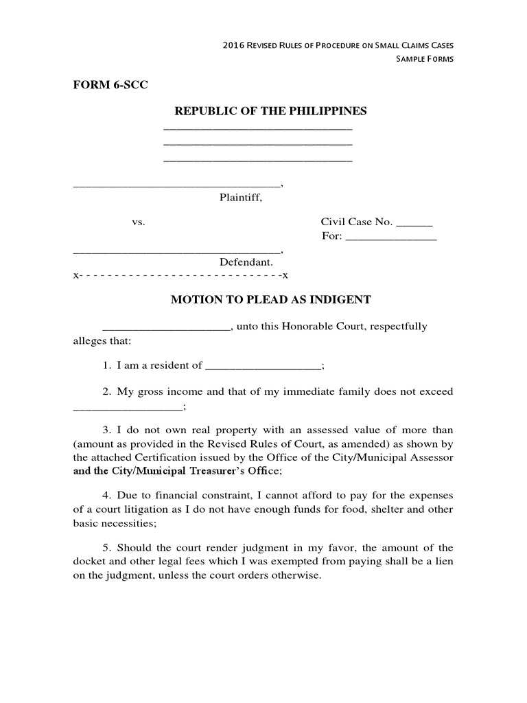 Motion To Plead As Indigent Form 6-SCC 2016 Revised Rules On Small ...