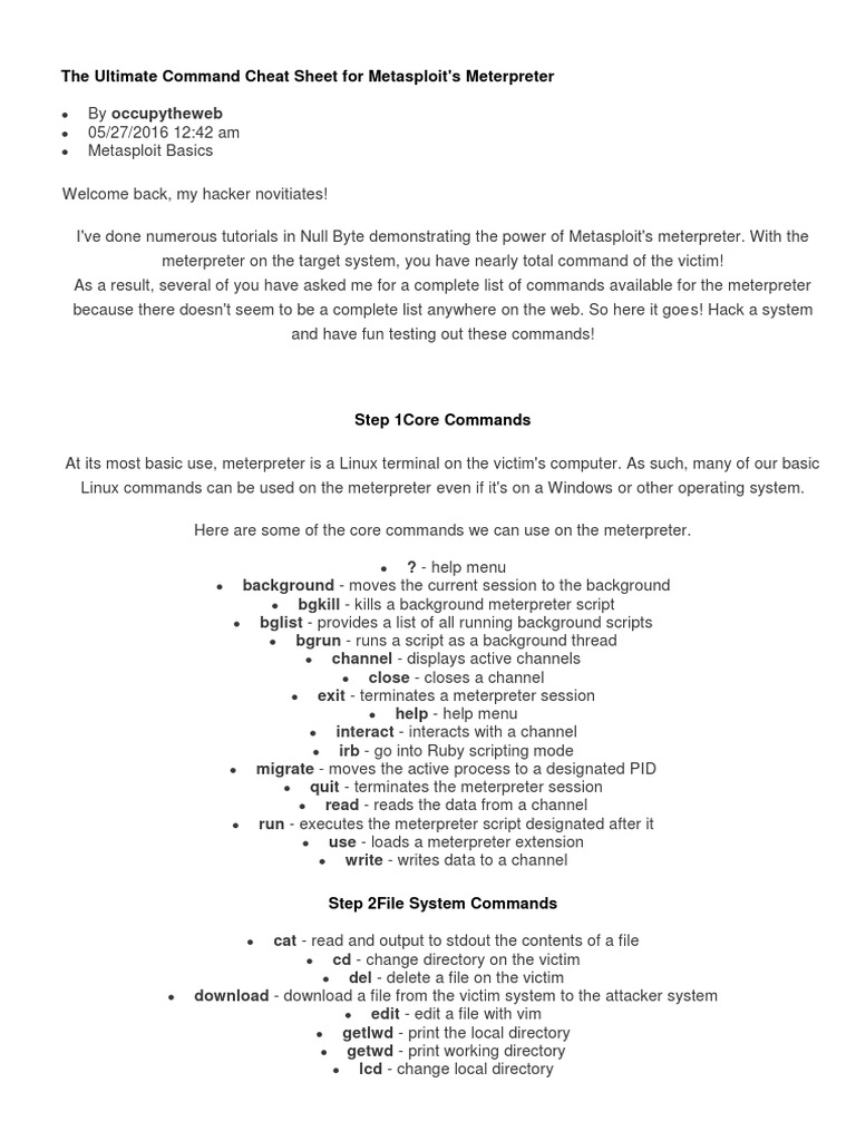 The Ultimate Command Cheat Sheet For Metasploit | PDF | Microsoft Windows | Scripting Language