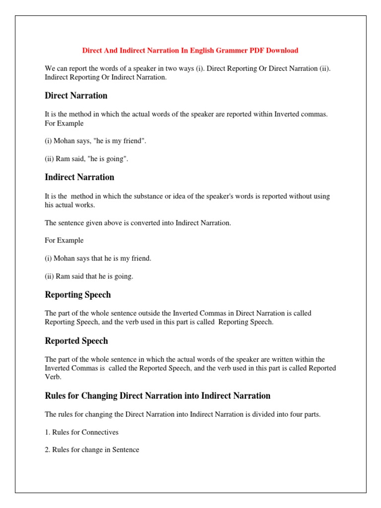 Direct and Indirect Narration in English Grammer PDF Download | PDF ...