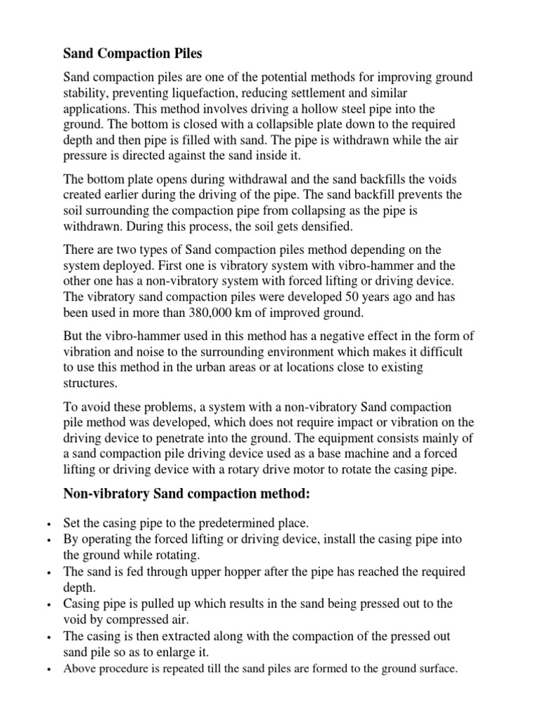 Sand Compaction Piles: Methods & Benefits | PDF | Home & Garden