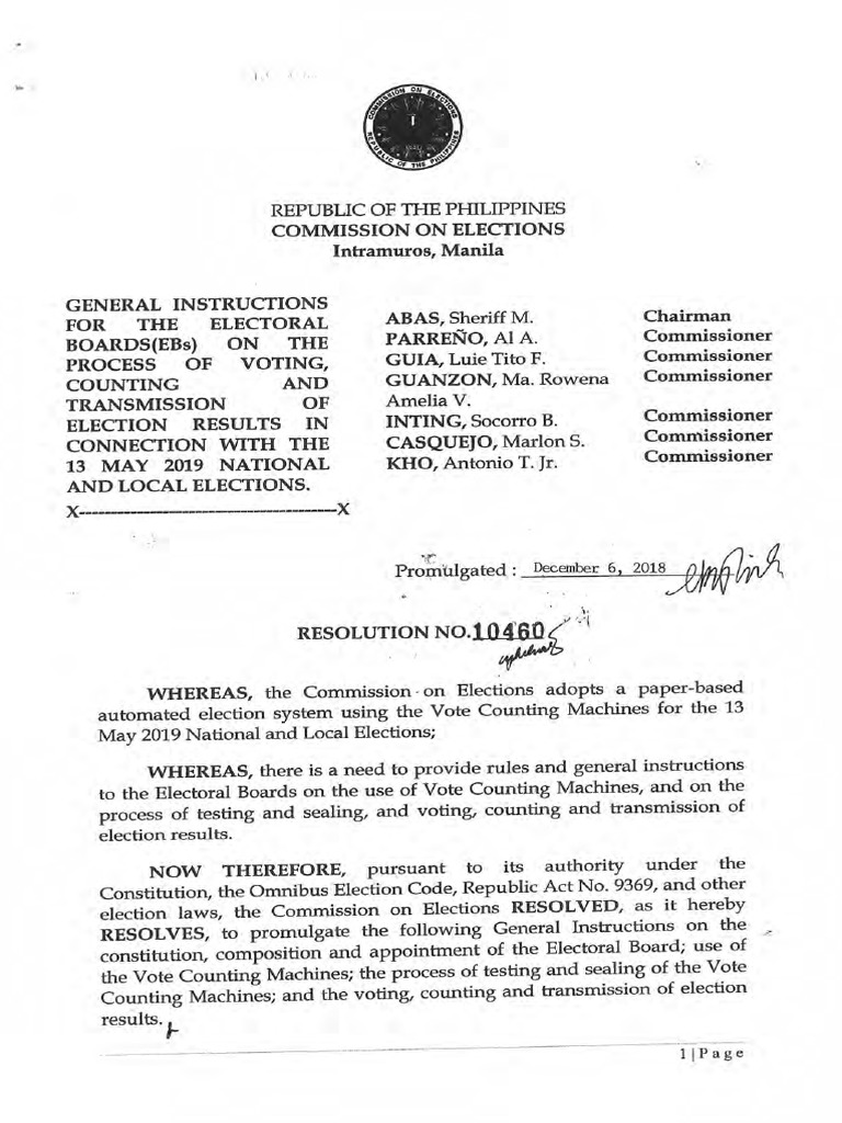 Comelec Resolution No. 10460 - General Instructions PDF | PDF