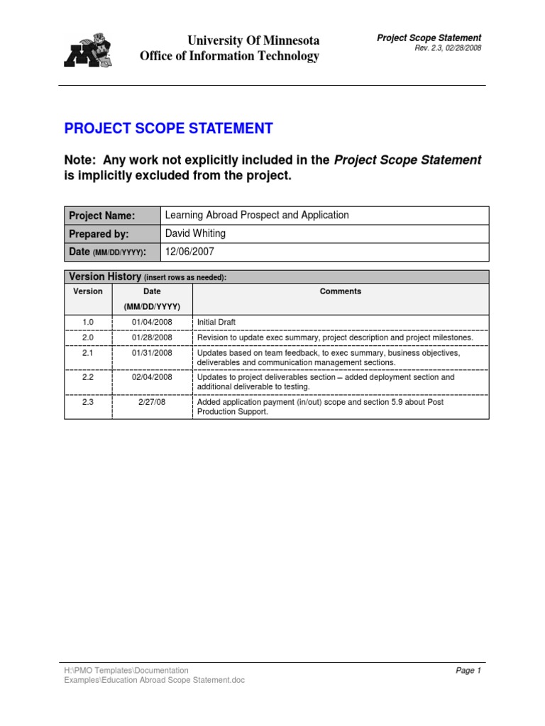 Education Abroad Scope Statement | PDF | Project Management | Documentation