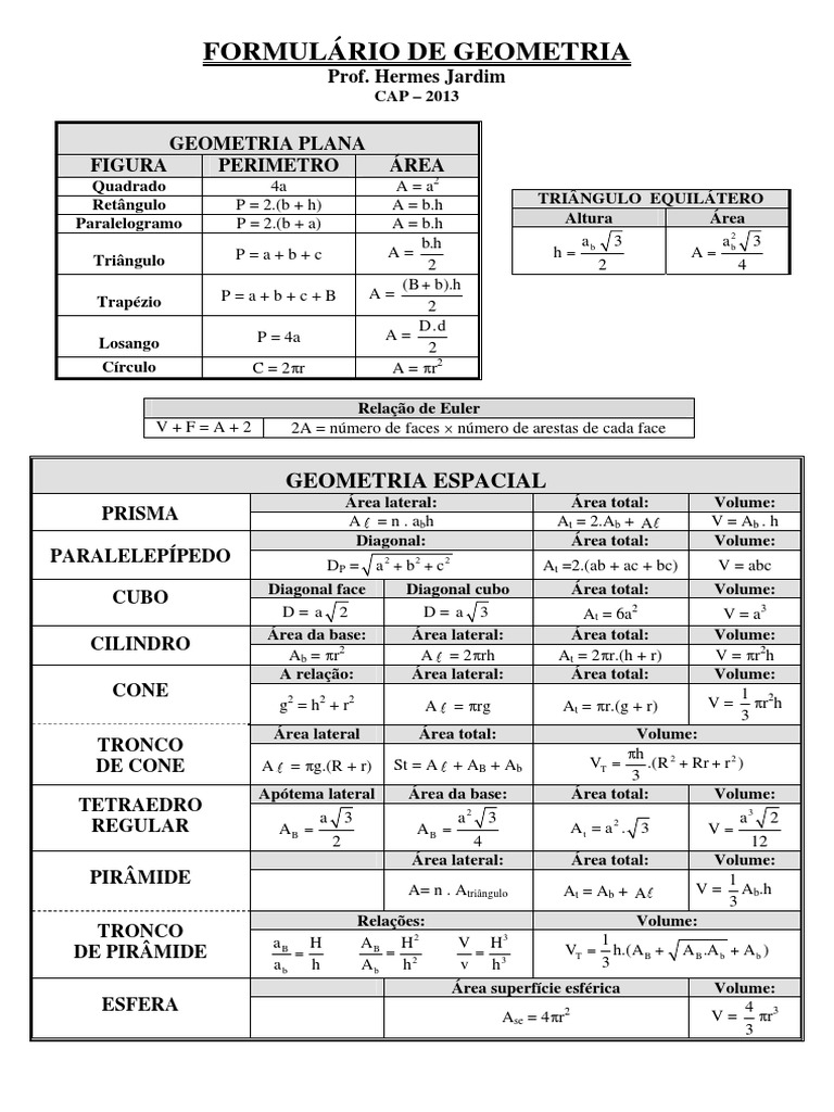 Formulario de Geometria Espacial | Geometria Convexa | Objetos Geométricos