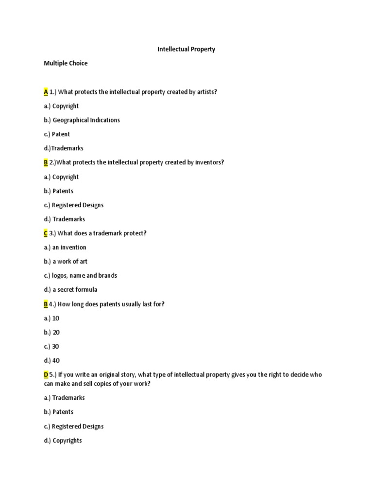 Intellectual Property MCQ and Answers | PDF | Intellectual Property ...