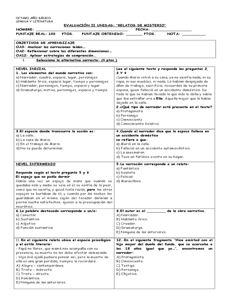 Evaluación de Relatos de Misterio 8° Básico | PDF | Narración