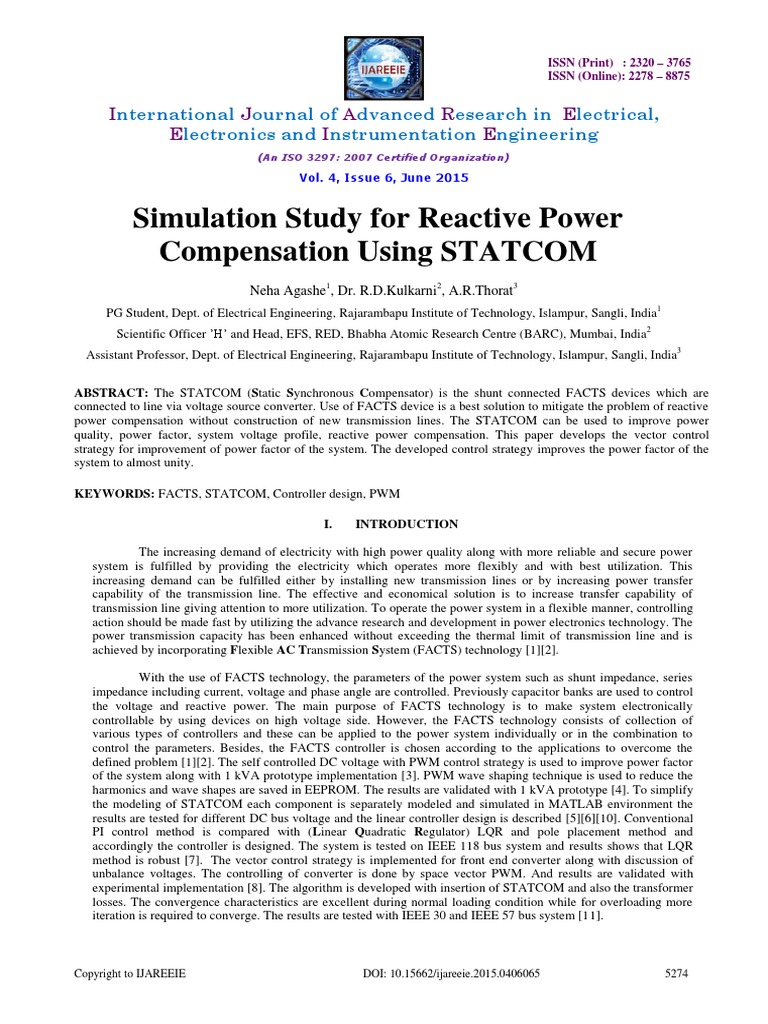 Simulation Study For Reactive Power Compensation Using STATCOM | PDF | Ac Power | Power Electronics