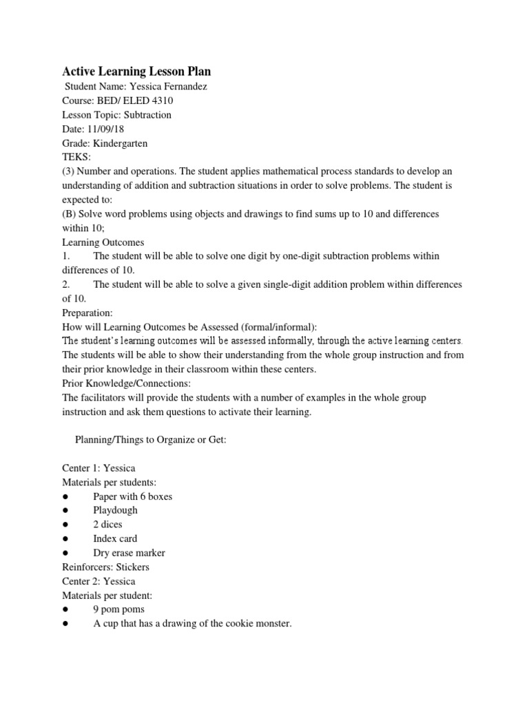 Facilitation Lesson Plan 1 | PDF | Subtraction | Question