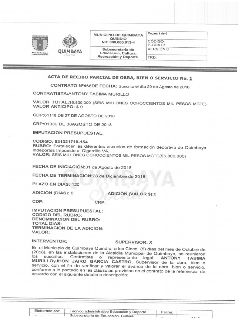 Acta Re Recibo Parcial de Obra | PDF