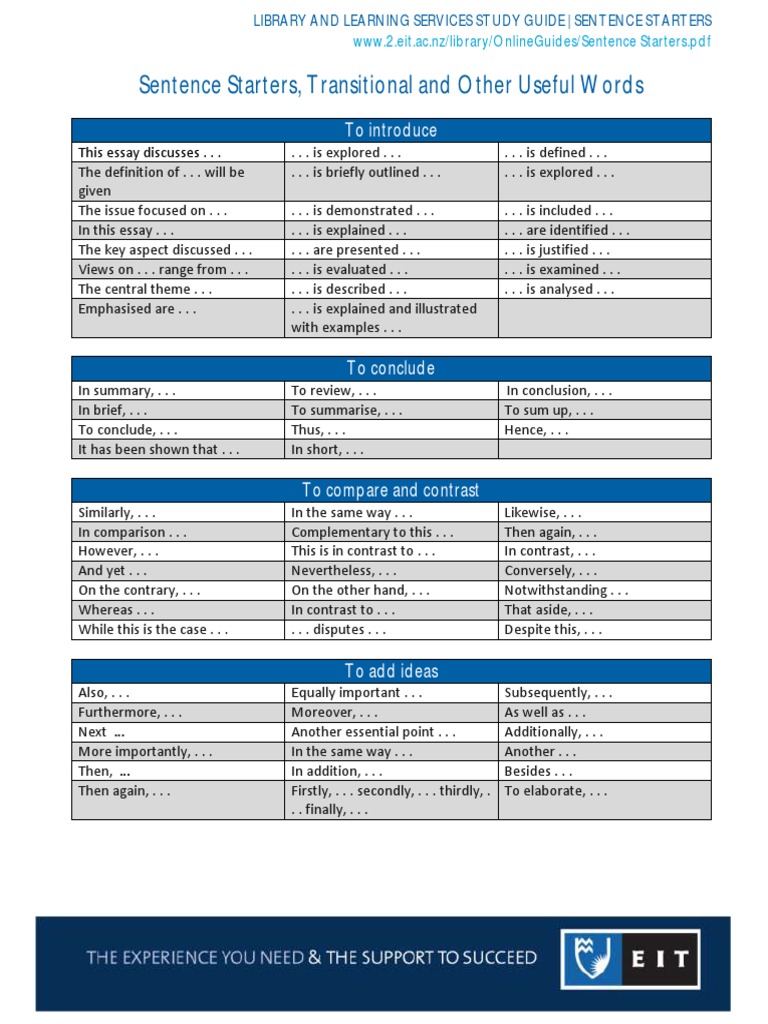 Sentence Starters, Transitional and Other Useful Words: To Introduce ...