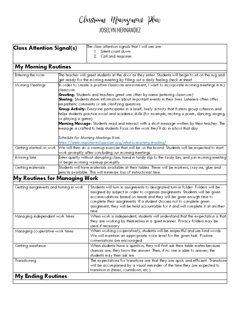 Classroom Management Plan: Class Attention Signal(s) My Morning ...