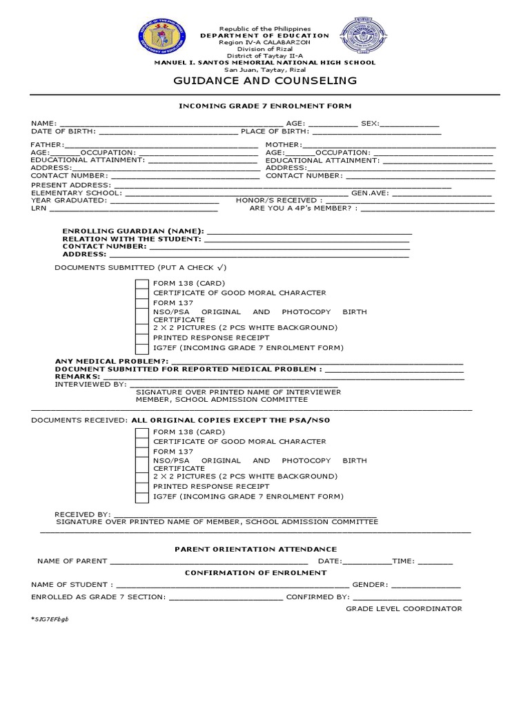 Standard Incoming Grade 7 Enrolment Form for Manuel I. Santos Memorial ...
