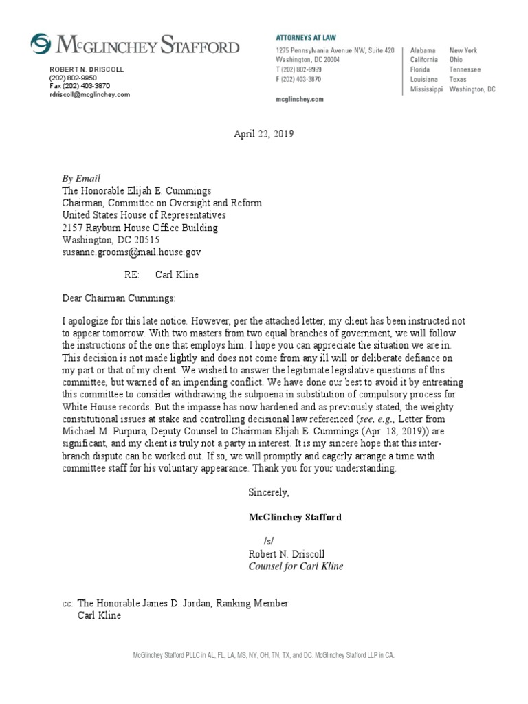 Carl Kline Letter To Rep. Elijah Cummings | PDF | Law