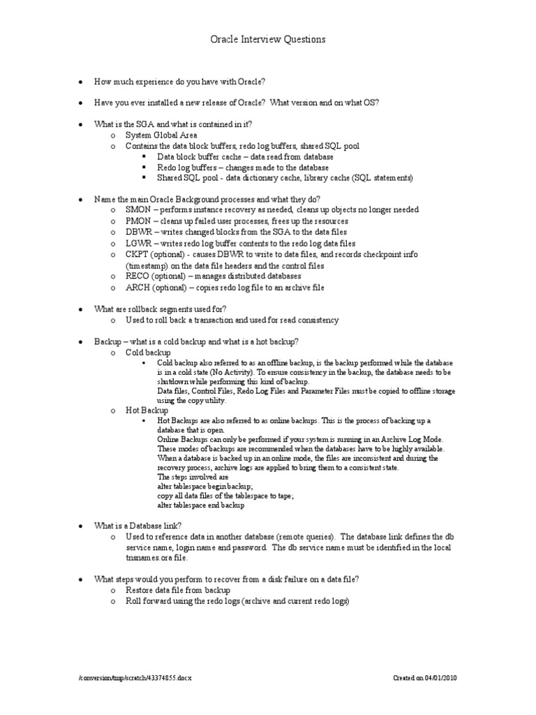 Interview Qns Part1 | PDF | Databases | Backup Interview Qns Part1 | PDF | Databases | Backup