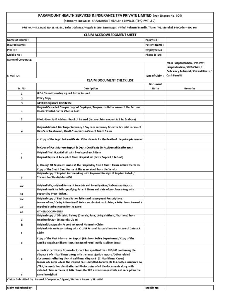 IRDA Claim Form A - N - B | PDF | Insurance | Hospital