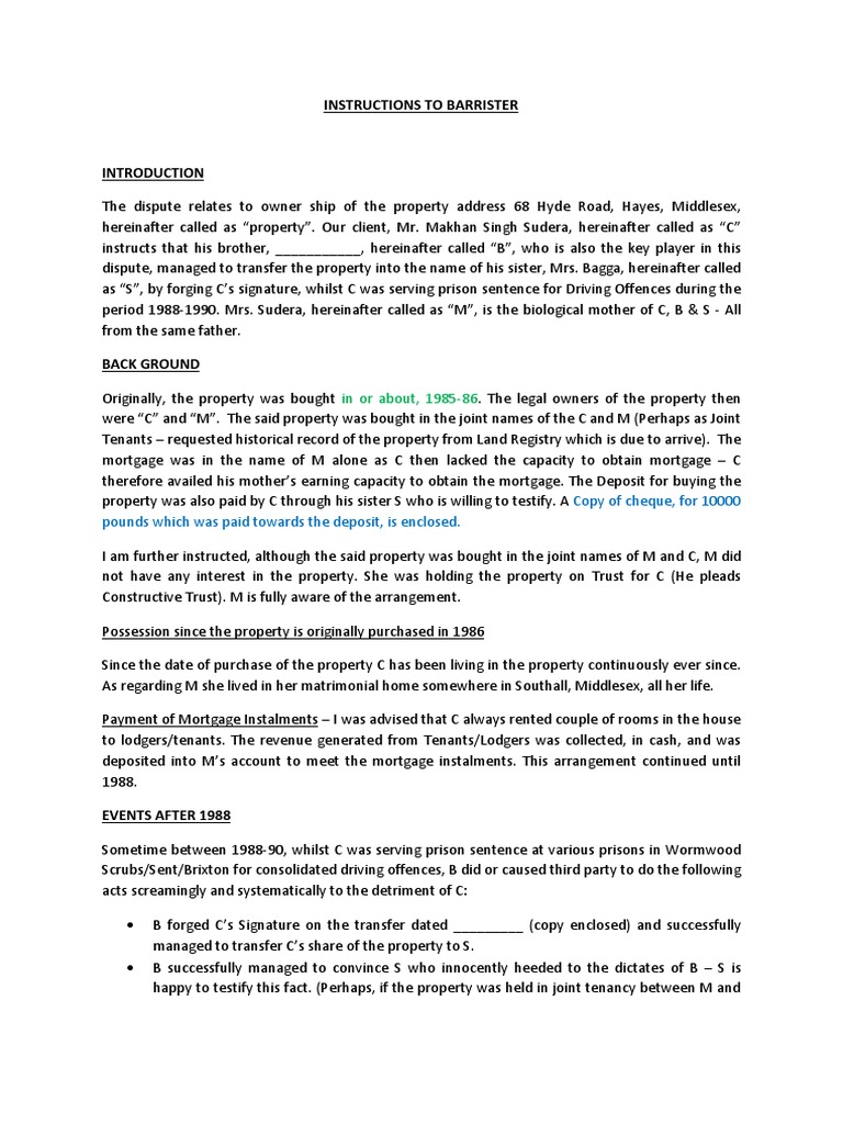 Instructions To The Barrister | PDF | Trust Law | Deed