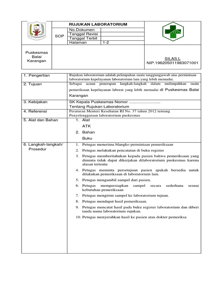 Sop Rujukan Laboratorium | PDF