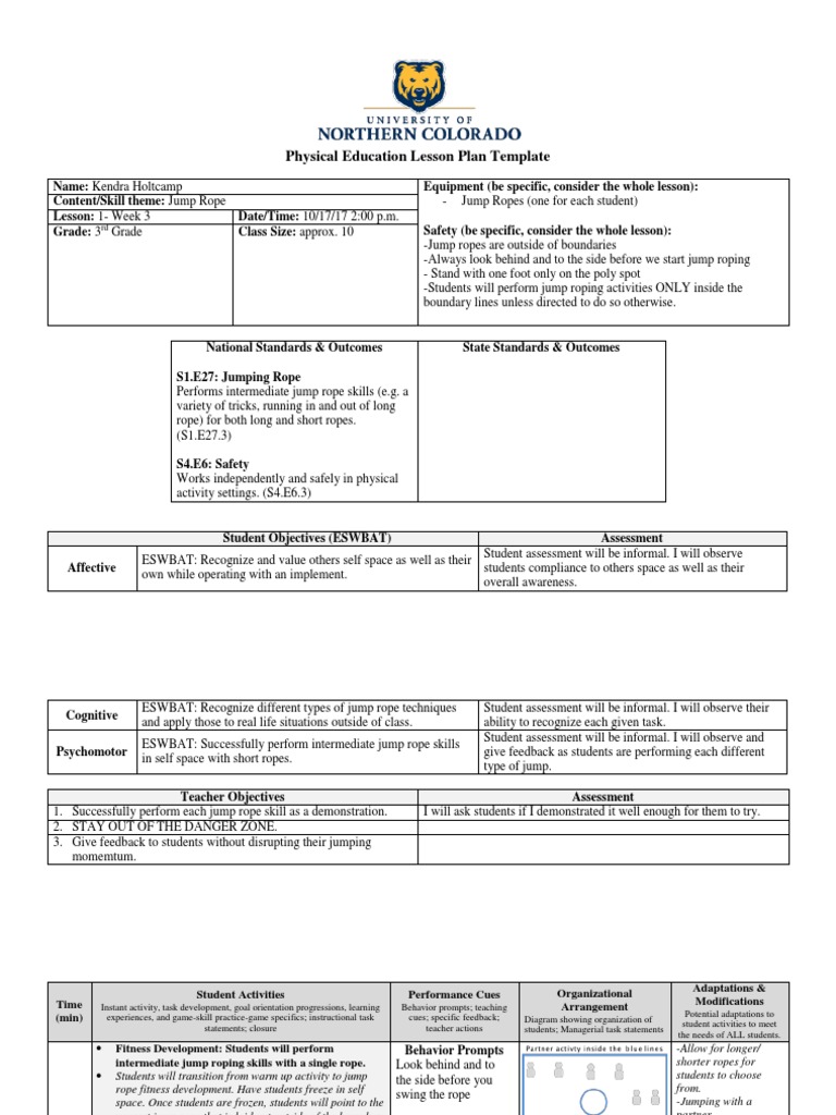 Jump Rope Lesson Plan for 3rd Grade | PDF | Physical Education | Teachers