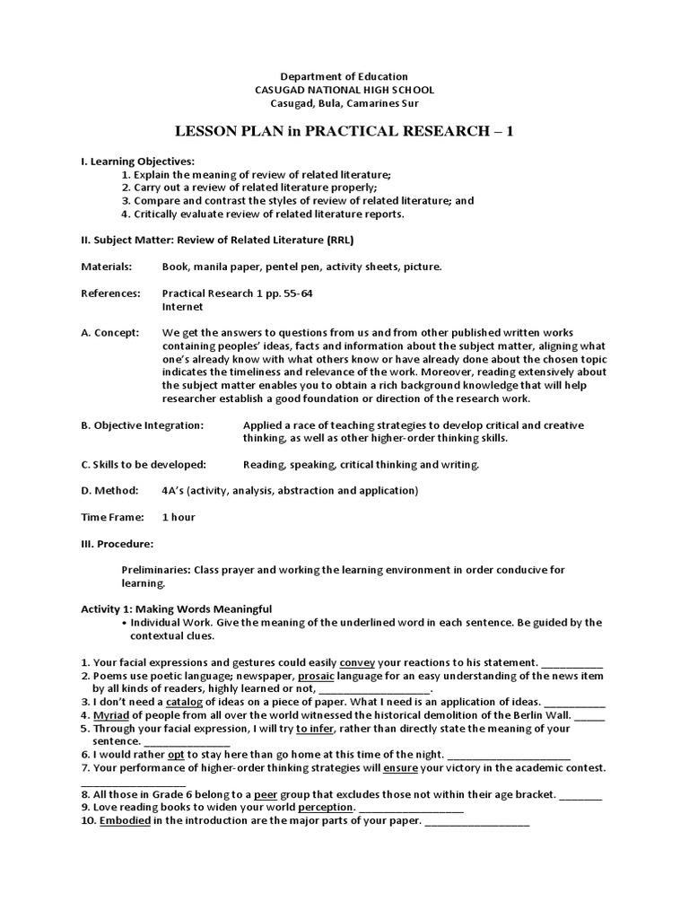 Lesson Plan Practical Research 1 | PDF | Thesis | Systematic Review