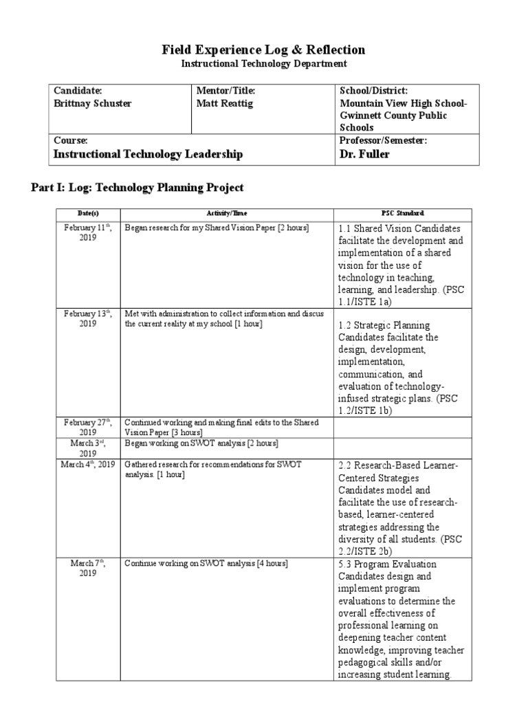 Instructional Technology Leadership Field Log sp2019 | PDF ...