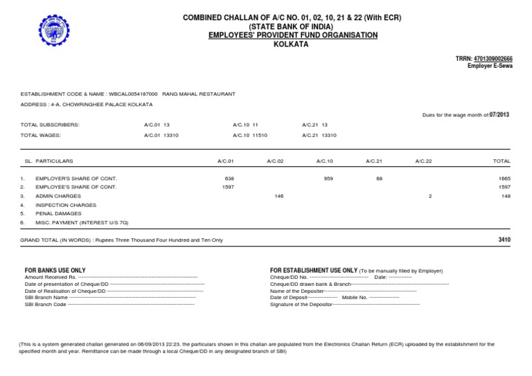 Provident Fund Challan July 2013 | PDF | Cheque | Banks